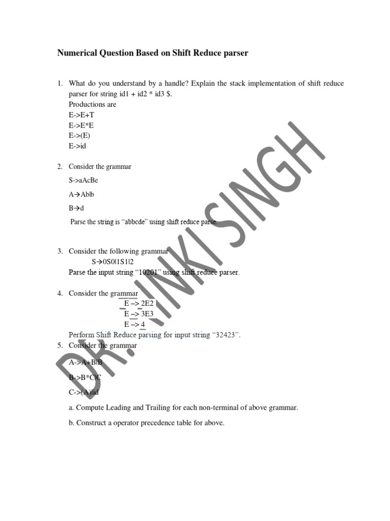 Numerical Question Based On Shift Reduce Parser | PDF | Parsing | Syntax (Logic)