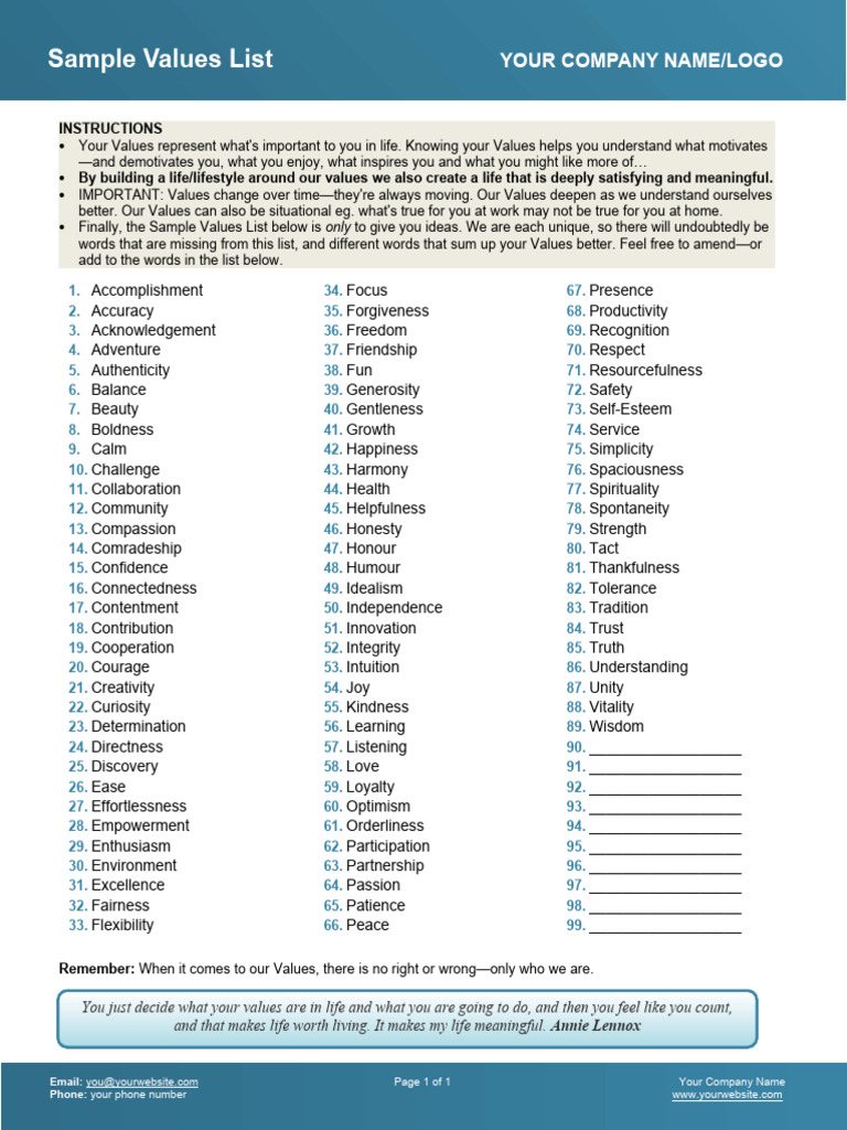 Sample Values Lis | PDF | Social Psychology | Cognition