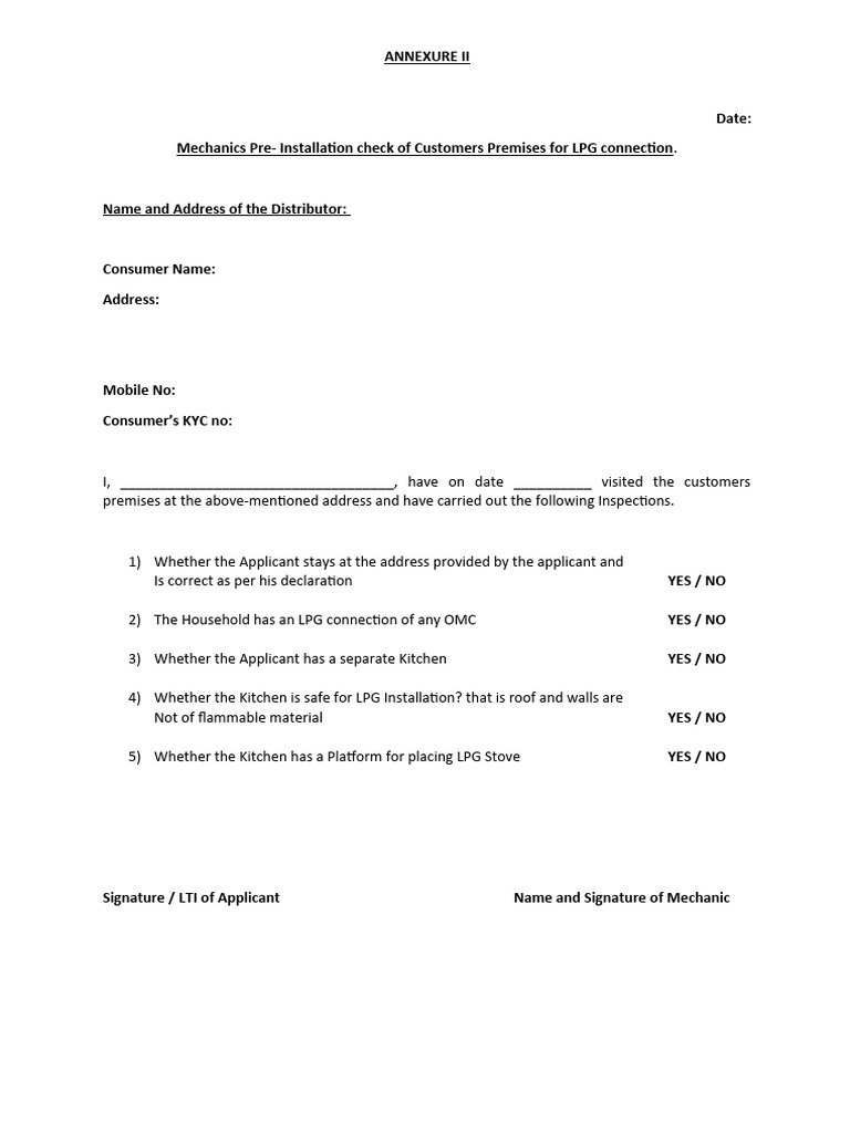 ANNEXURE-II Pre - Installation Inspection Report | PDF | Technology & Engineering