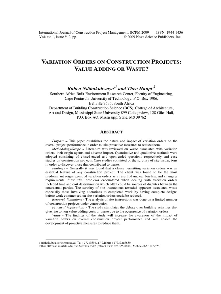 Construction Variation Orders Impact | PDF | Consultant | Cronbach's Alpha