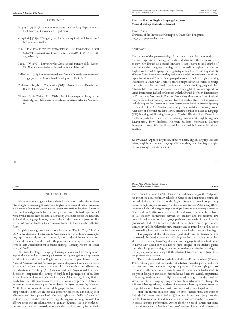 Affective Filtersof English Language Learners Voicesof College Students in Context | PDF ...