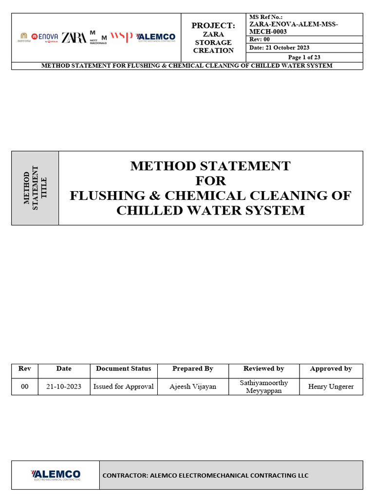Method Statement For Flushing & Chemical Cleaning of Chilled Water System | PDF