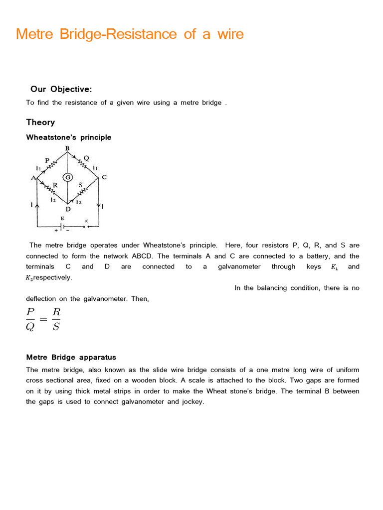 Meter Bridge Resistance of A Wire | PDF | Electrical Resistance And Conductance | Metre