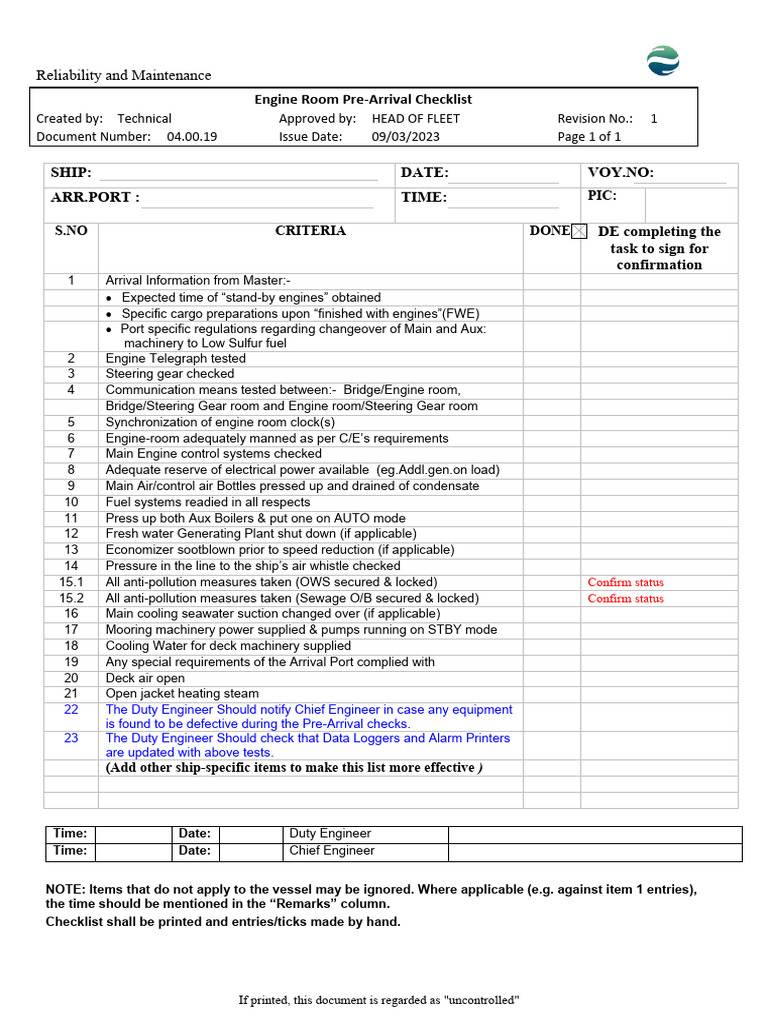 Engine Room Pre-Arrival Checklist | PDF | Engines | Mechanical Engineering