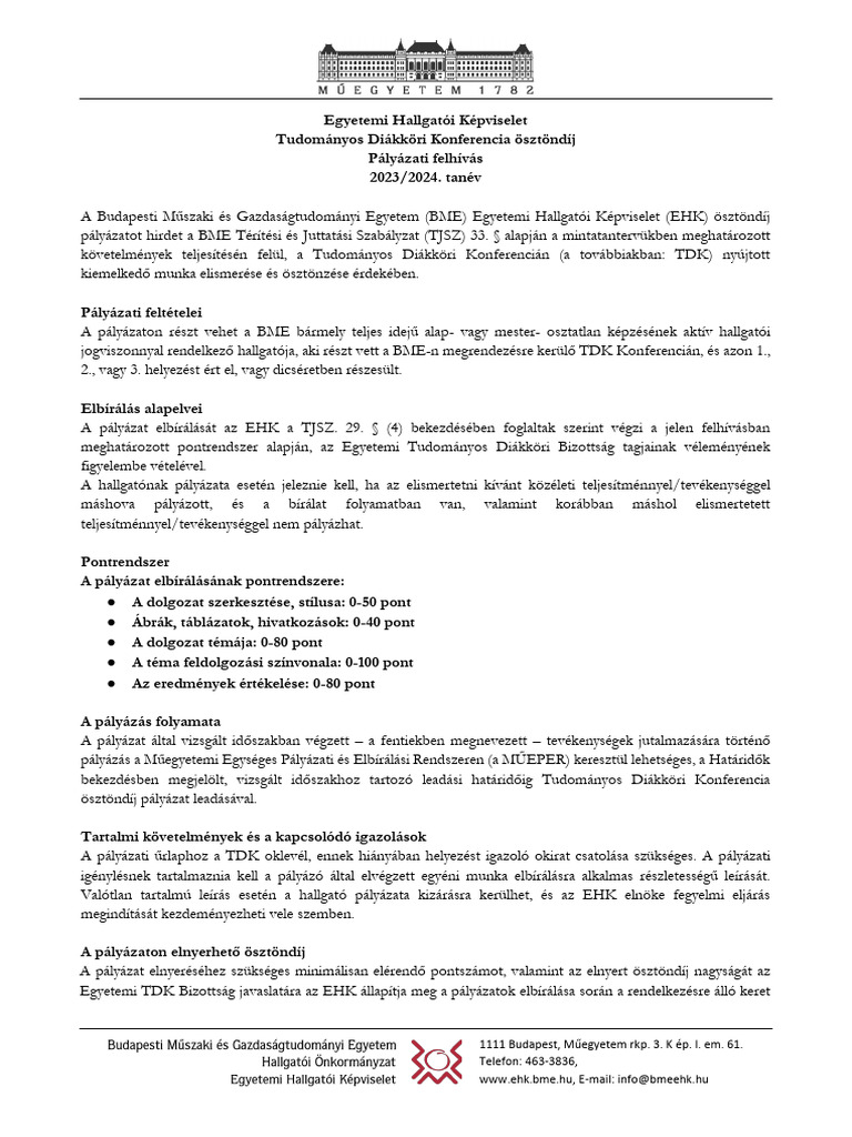 EHK Tudományos Diákköri Konferencia Ösztöndíj Pályázati Kiírás 2023 24 | PDF