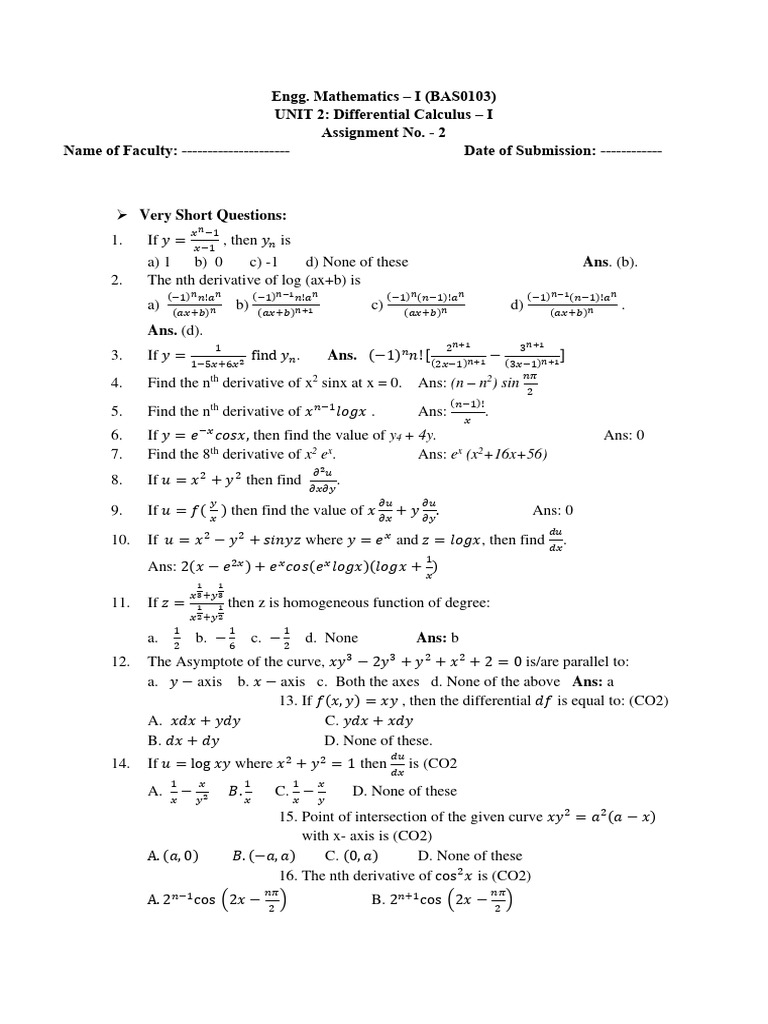 Engg Maths Assignment Unit 2 | PDF | Derivative | Asymptote