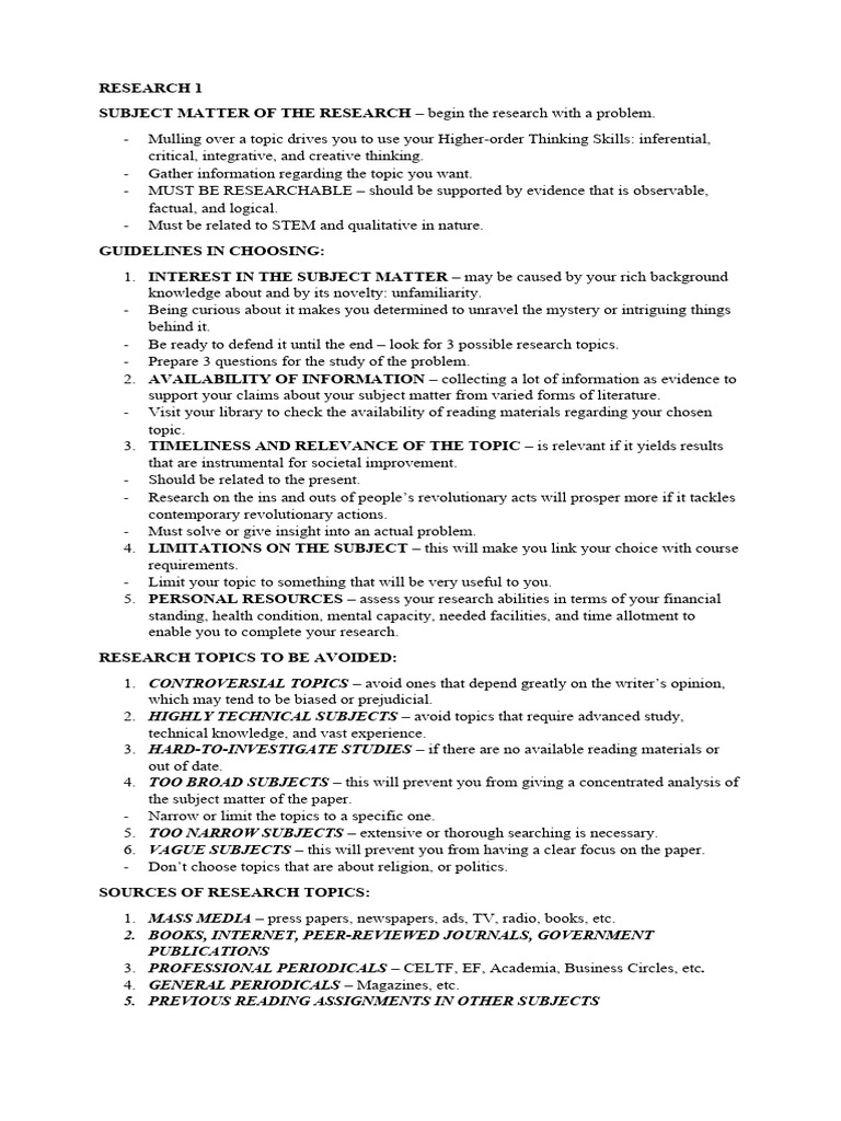 Guidelines in Choosing A Research Topic | PDF | Information | Cognition