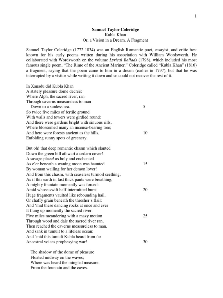Coleridge Kubla | PDF | Samuel Taylor Coleridge | Poetry