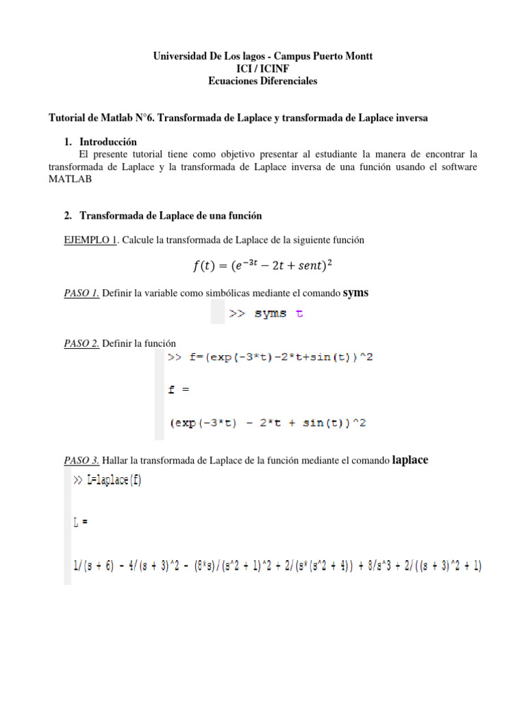 Tutorial de Matlab 6 - Transformada de Laplace y Transformada Inversa | PDF Tutorial de Matlab 6 - Transformada de Laplace y Transformada Inversa | PDF