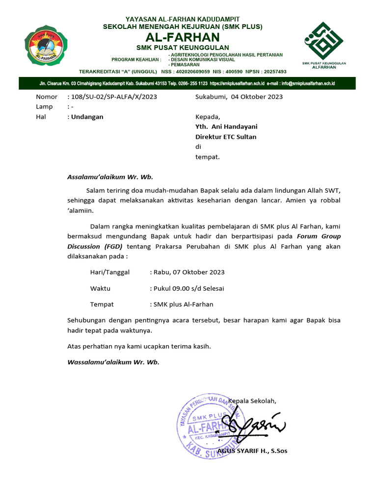 Undangan FGD di SMK Plus Al-Farhan | PDF