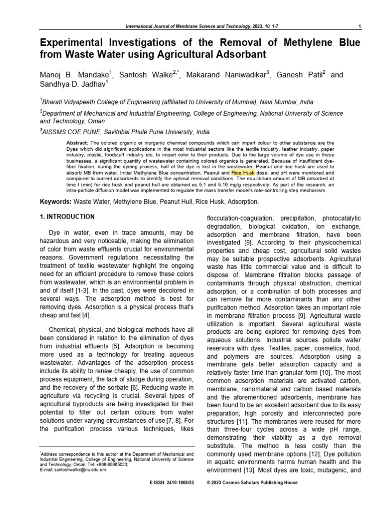 Methylene Blue Removal Using Agricultural Adsorbents | PDF