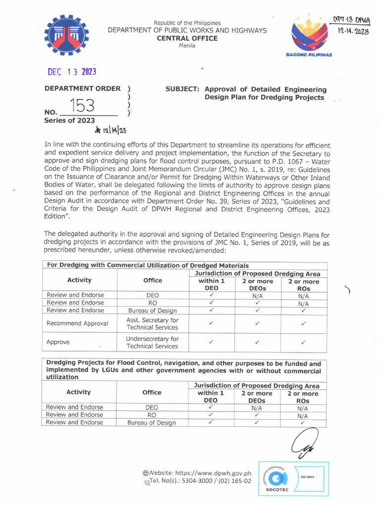DPWH Issuances On Approval of Detailed Engineering Design Plan For Dredging Projects | PDF ...