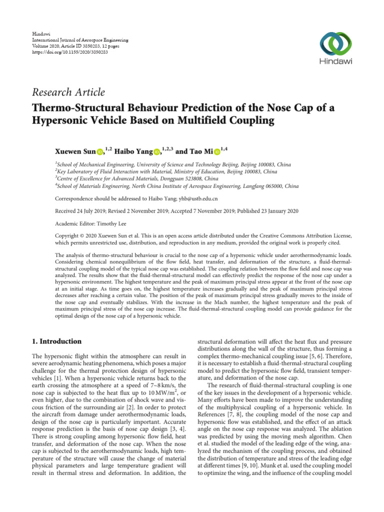 Thermo-Structural Behaviour Prediction of The Nose Cap of A Hypersonic Vehicle Based On ...