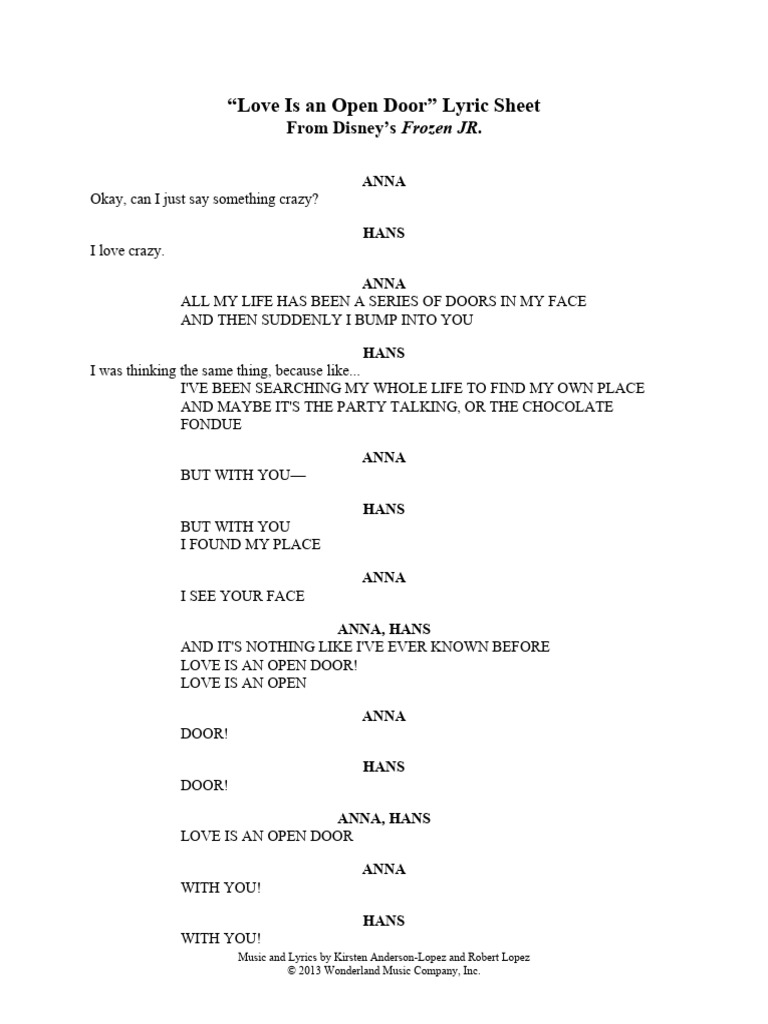 Love Is An Open Door Lyric Sheet | PDF