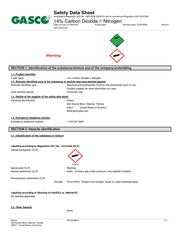 Msds For Mix of Co2 & n2 | PDF