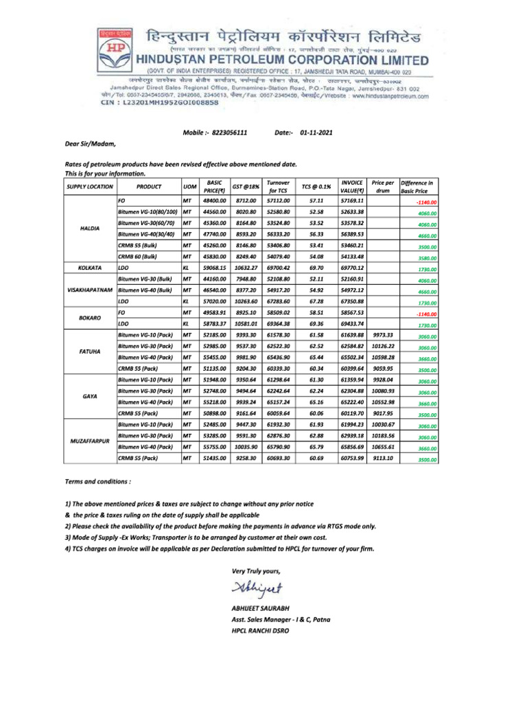 Bitumen Rates Nov-2021 | PDF