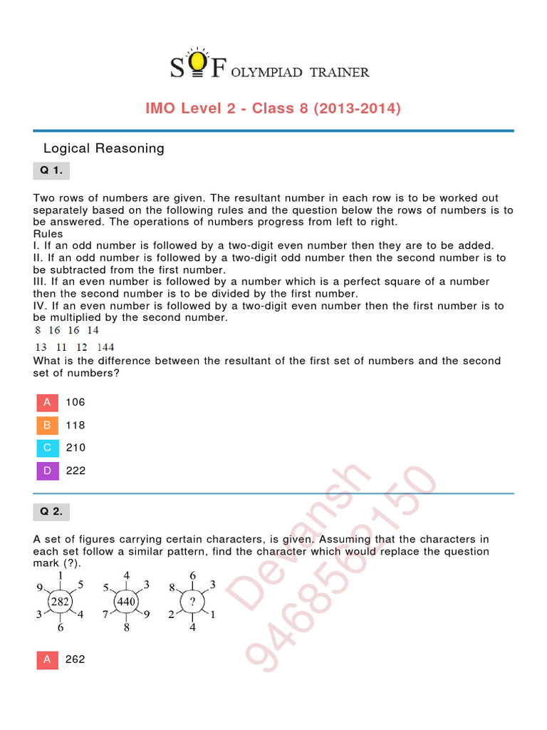 IMO Level 2 - Class 8 (2013-2014) | PDF | Gaming Devices | Mathematics
