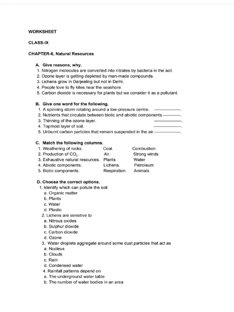 Natural Resources Class 9th Worksheet | PDF
