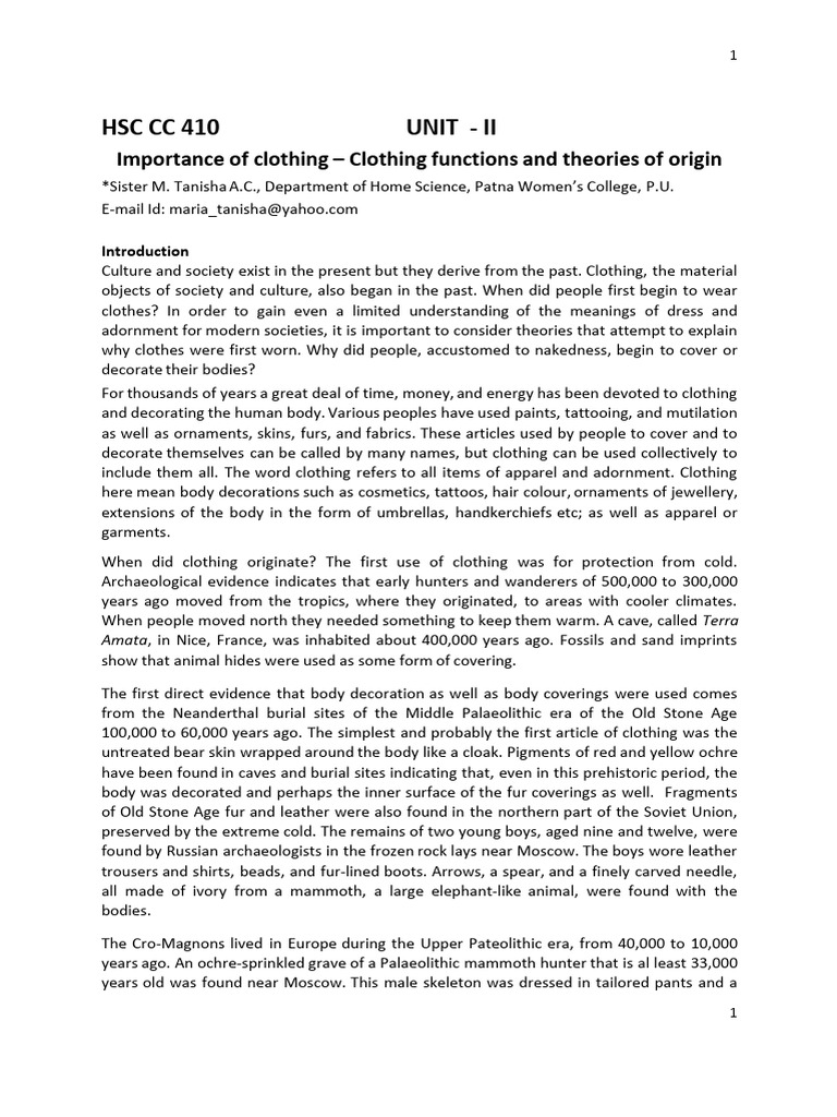 Clothing-Importance, Functions and Theories of Origin | PDF