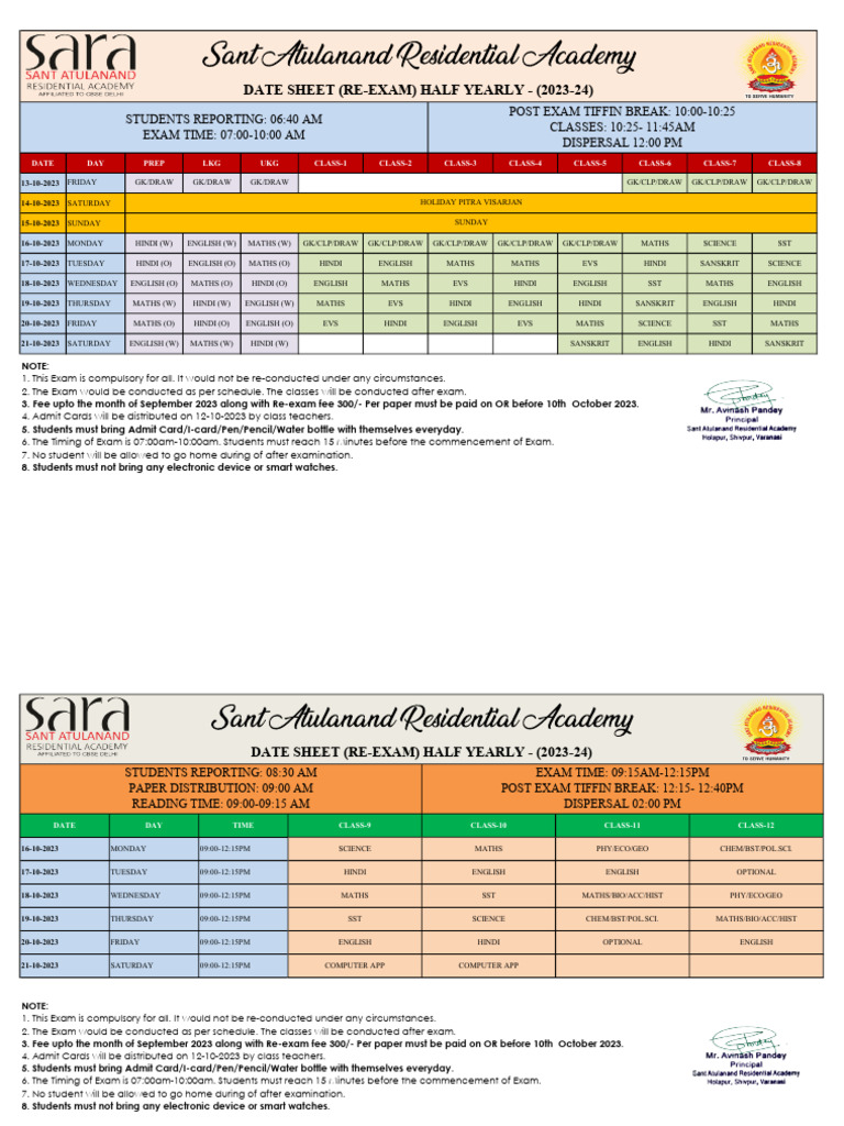 Half Yearly Re-Exam Schedule 2023-24 | PDF