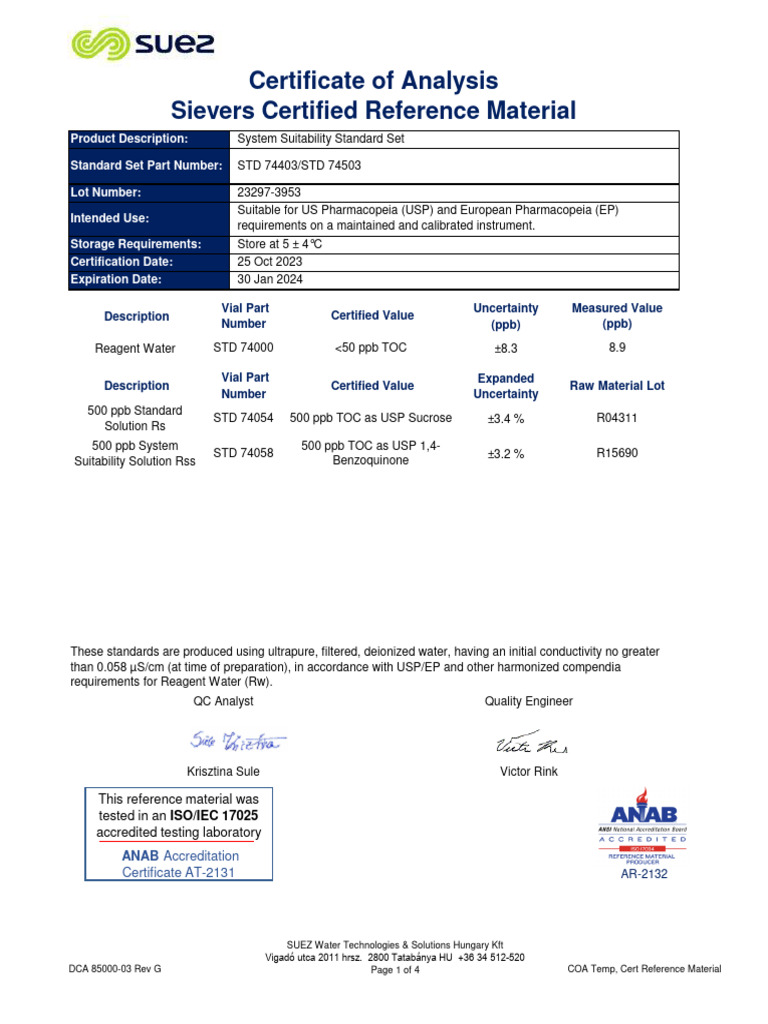 Certificate of Analysis Sievers Certified Reference Material | PDF