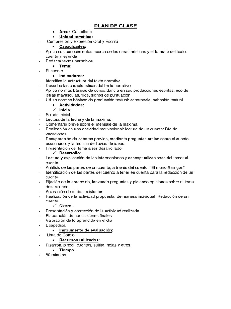 Ejemplo de Plan de Clase | PDF | Cuentos