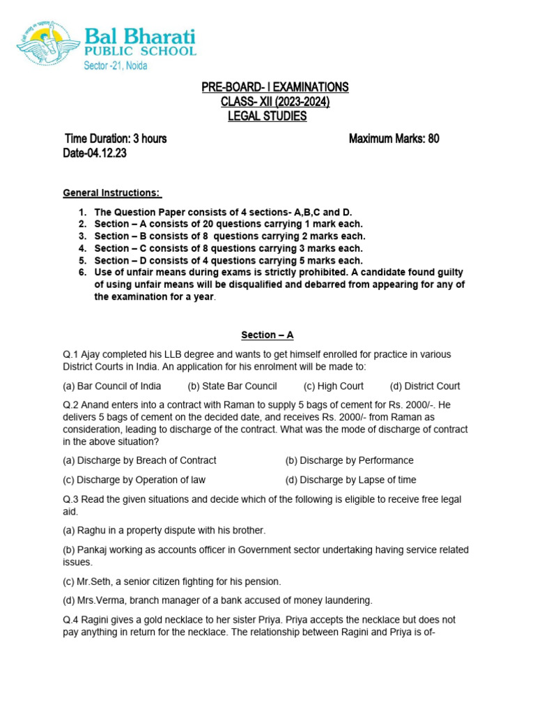 Legal Studies - Class 12 - Pre - Board I | PDF | Arbitration | Justice