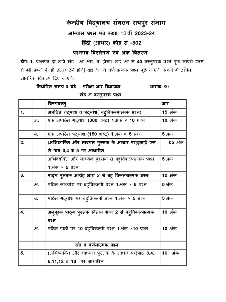 BP Hindi 2023-24 SP | PDF