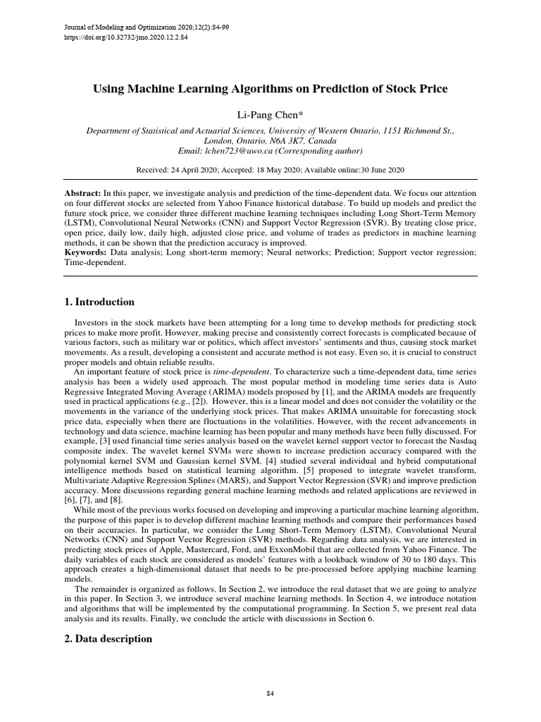 Using Machine Learning Algorithms On Prediction Of Stock Price Svr Pdf Support Vector