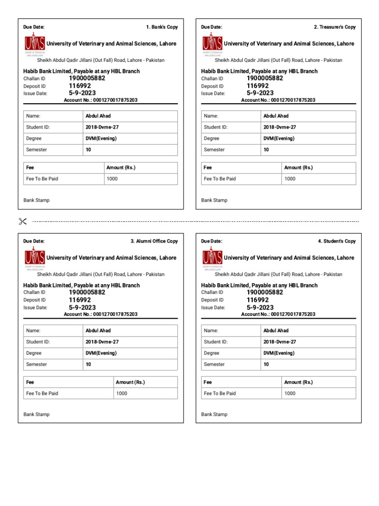 UVAS Fee Challan for DVM Student | PDF