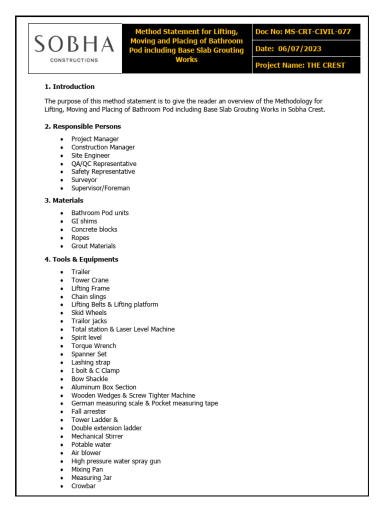 NF Comments-Method Statement For Lifting Moving and Placing of Bathroom ...