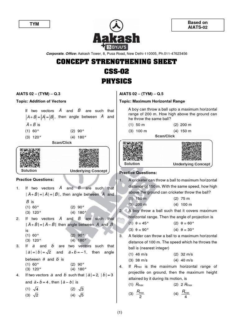 Concept Strengthening Sheet (CSS-02) Based On AIATS-02 (TYM) - Physics ... Concept Strengthening Sheet (CSS-02) Based On AIATS-02 (TYM) - Physics ...