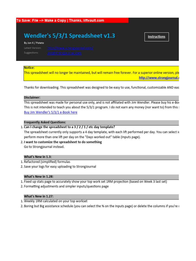 Wendler 5-3-1 v1.3 | Download Free PDF | Spreadsheet | Computing