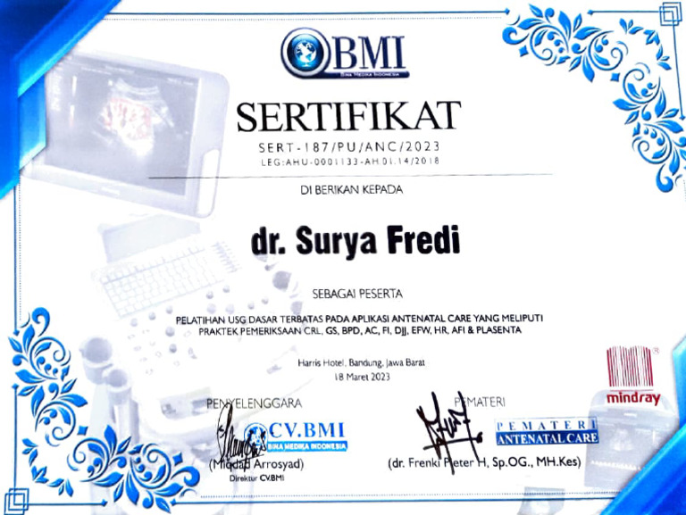 Sertifikat Pelatihan USG DR - Surya Fredi | PDF