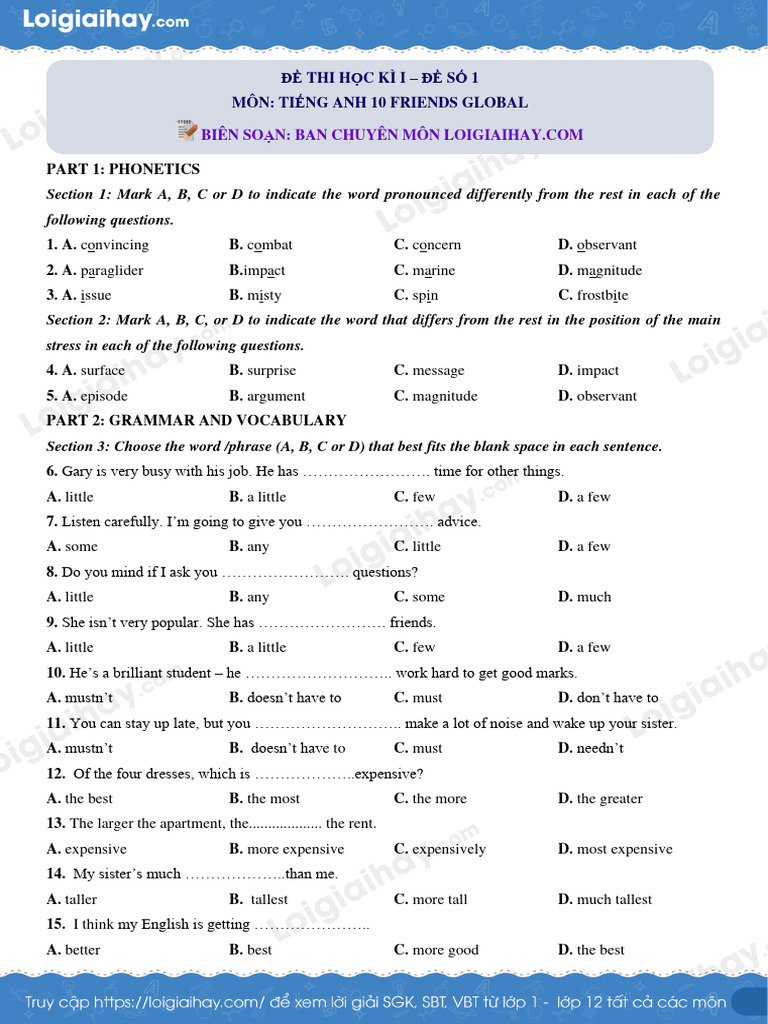 De Thi Hoc Ki 1 Tieng Anh 10 Friends Global de So 1 1669621904 | PDF | Tropical Cyclones ...