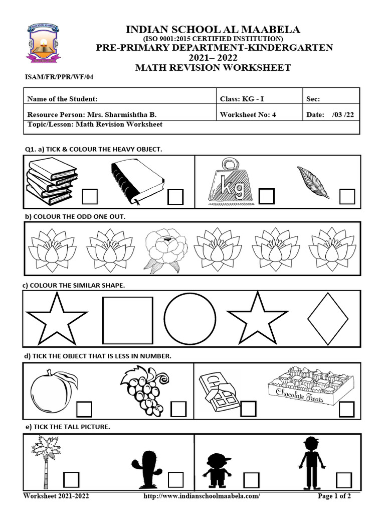 KG 1 Revision Worksheet - Math Term 2 | PDF