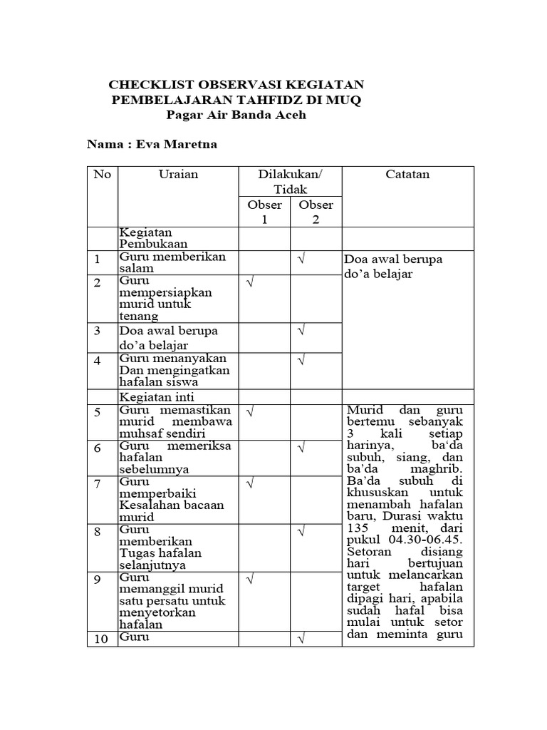 Checklist Observasi Kegiatan Pembelajaran Tahfidz Di Muq | PDF