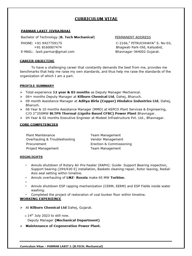 Deputy Manager Mechanical CV | PDF
