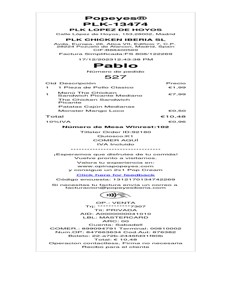 Recibo de Pedido en Popeyes Madrid | PDF