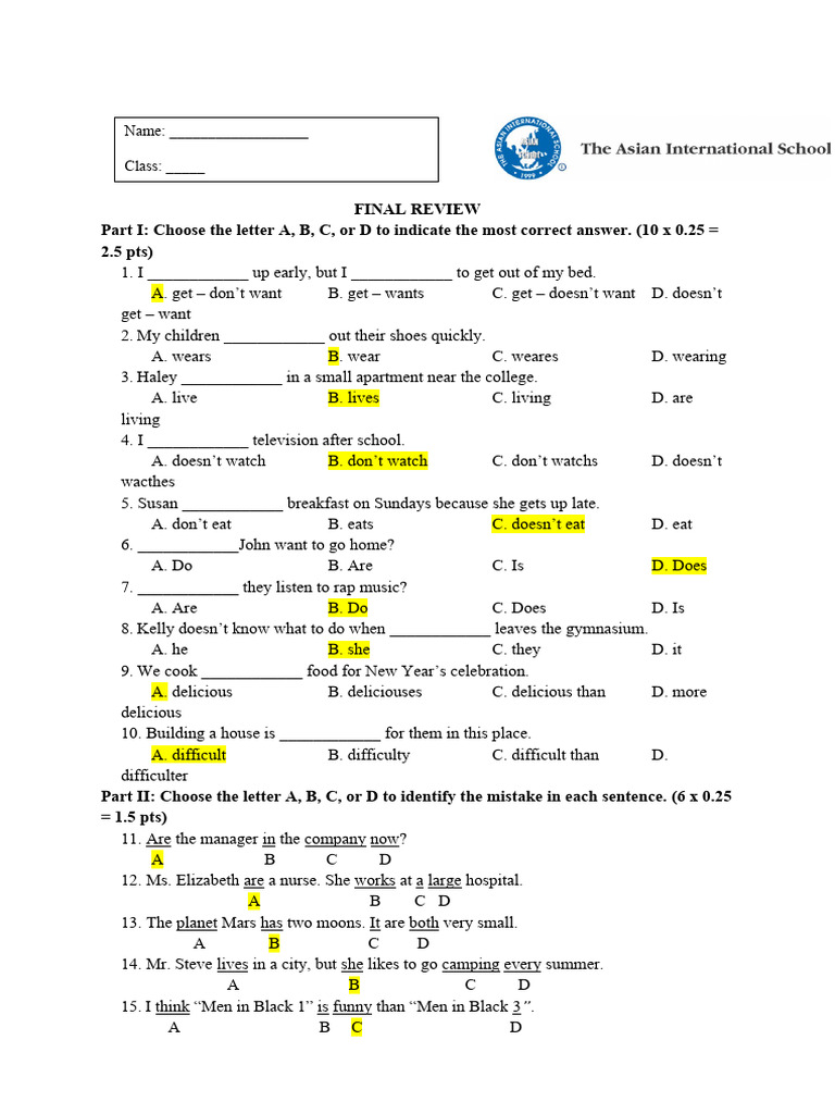 Grammar S - Final 1 - Review 2023 - 2024 | PDF | Grammatical Number | Plural