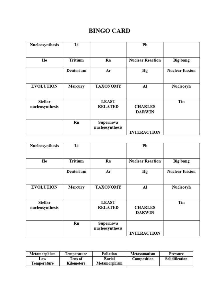 Bingo Card For Life Science and Earth Science | PDF