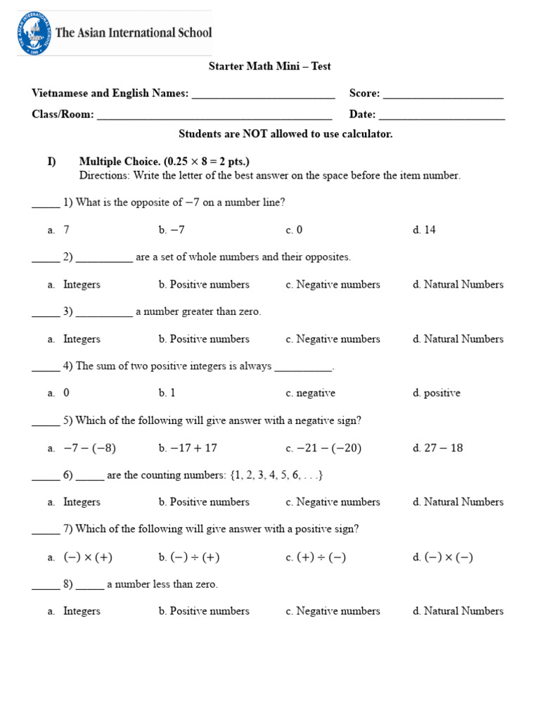 Math Starter - Mini Test | PDF