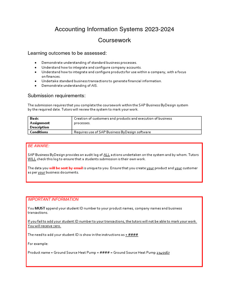 Accounting Information Systems - CourseWork - 2023-2024 | PDF | Accounting | Business