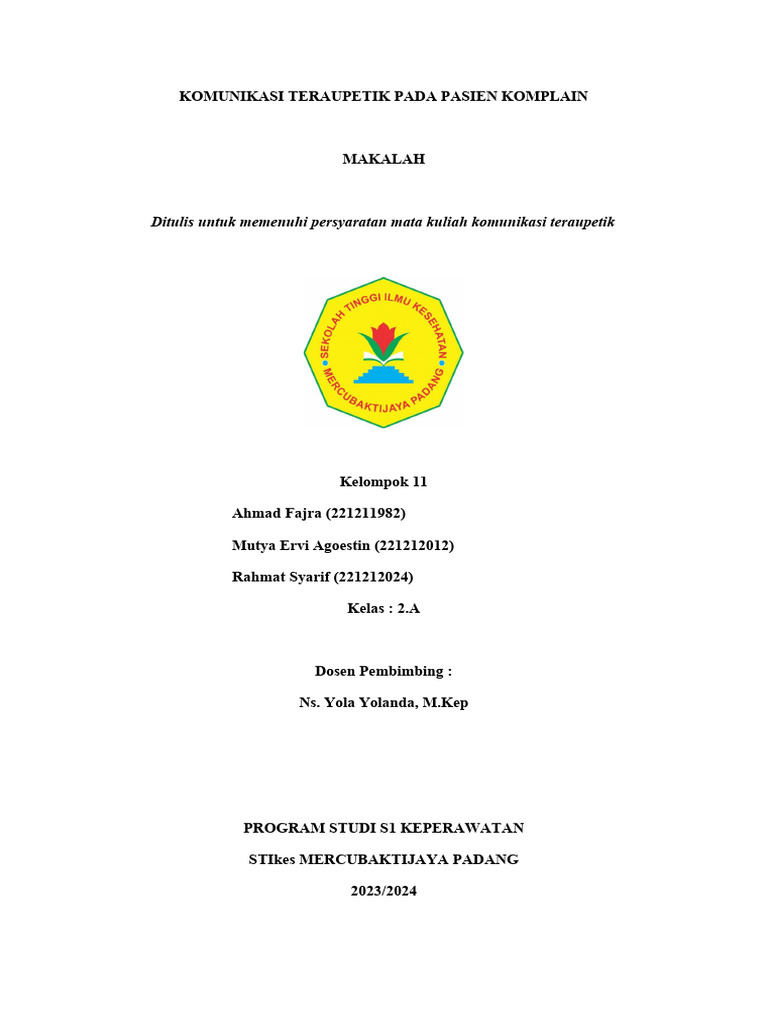 Komunikasi Teraupetik Pada Pasien Komplain Buk Yola | PDF