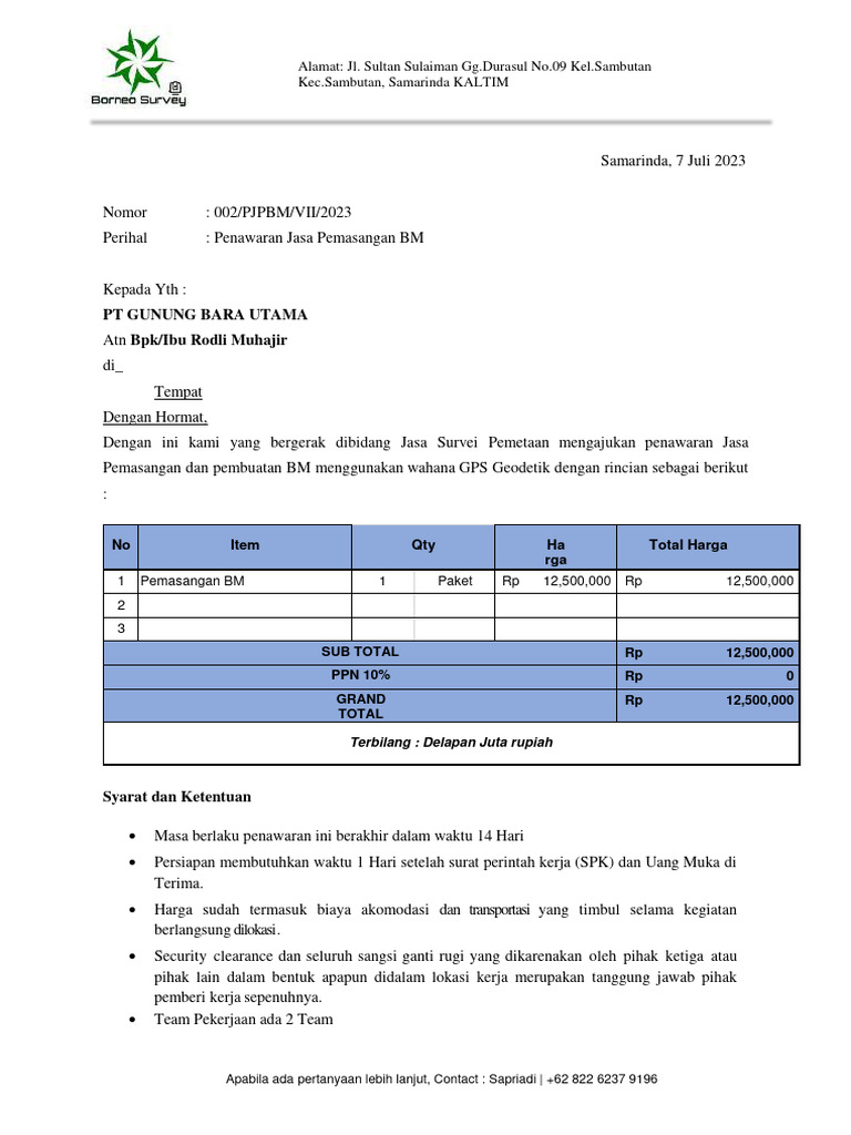 Penawaran Pembuatan BM PT GBU Site Kubar by Borneo Survey Indonesia | PDF