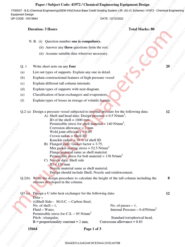 Be Chemical Engineering Semester 7 2022 December Chemical Engineering Equipment Design Rev 2019 ...
