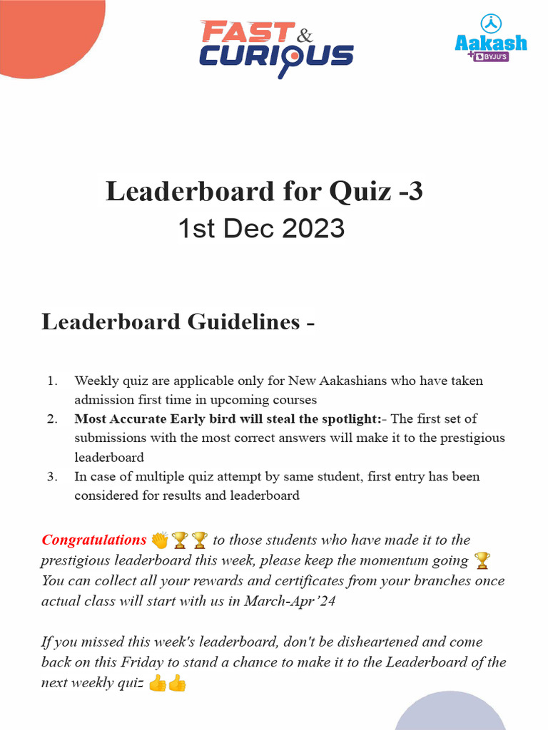 Quiz Leaderboard - 1st Dec 2023 | PDF