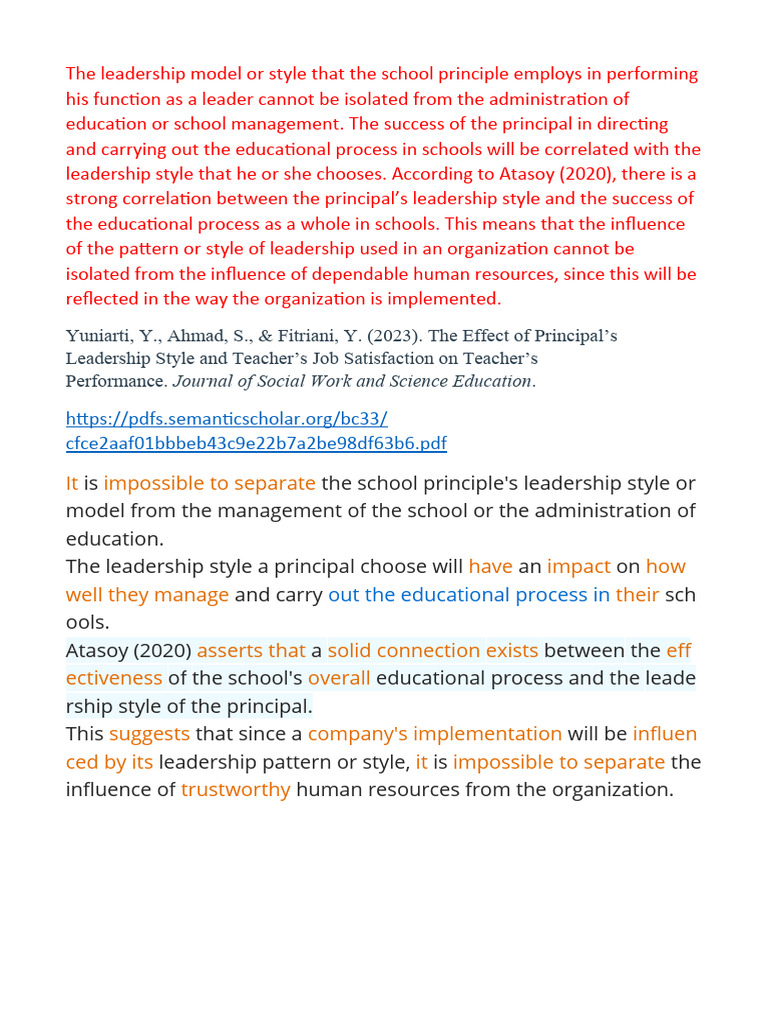The Leadership Model or Style That The School Principle Employs in Performing His Function As A ...