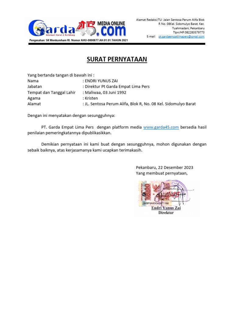 Surat Pernyataan Publikasi | PDF