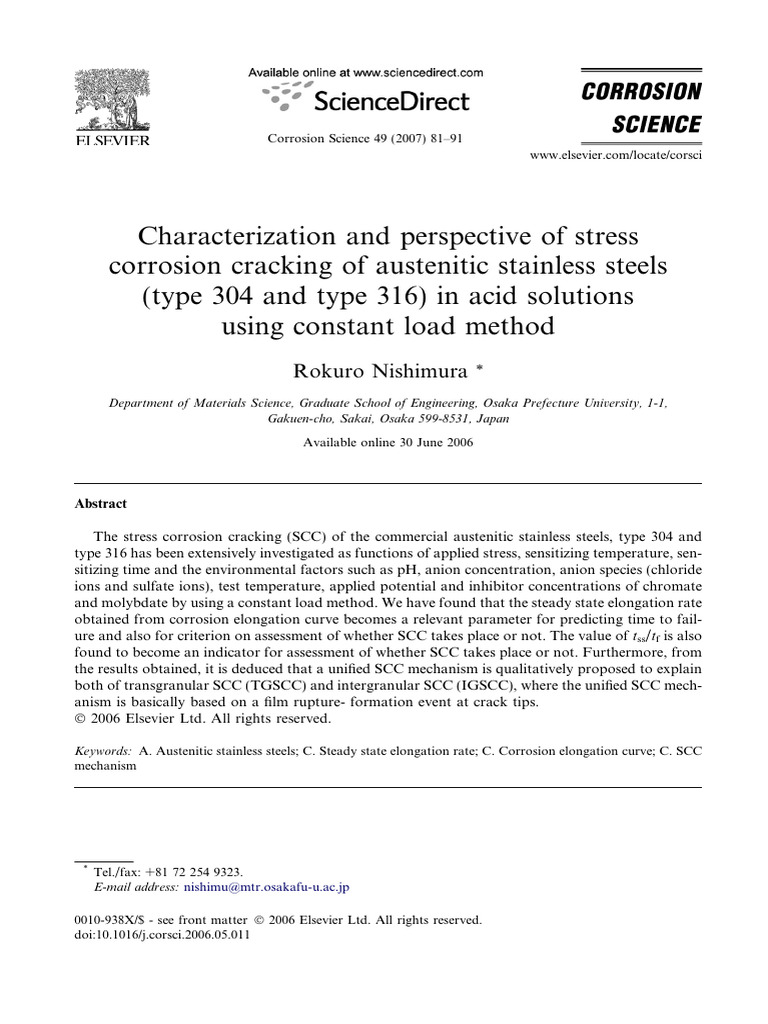 Characterization and perspective of stress corrosion cracking of austenitic stainless steels ...